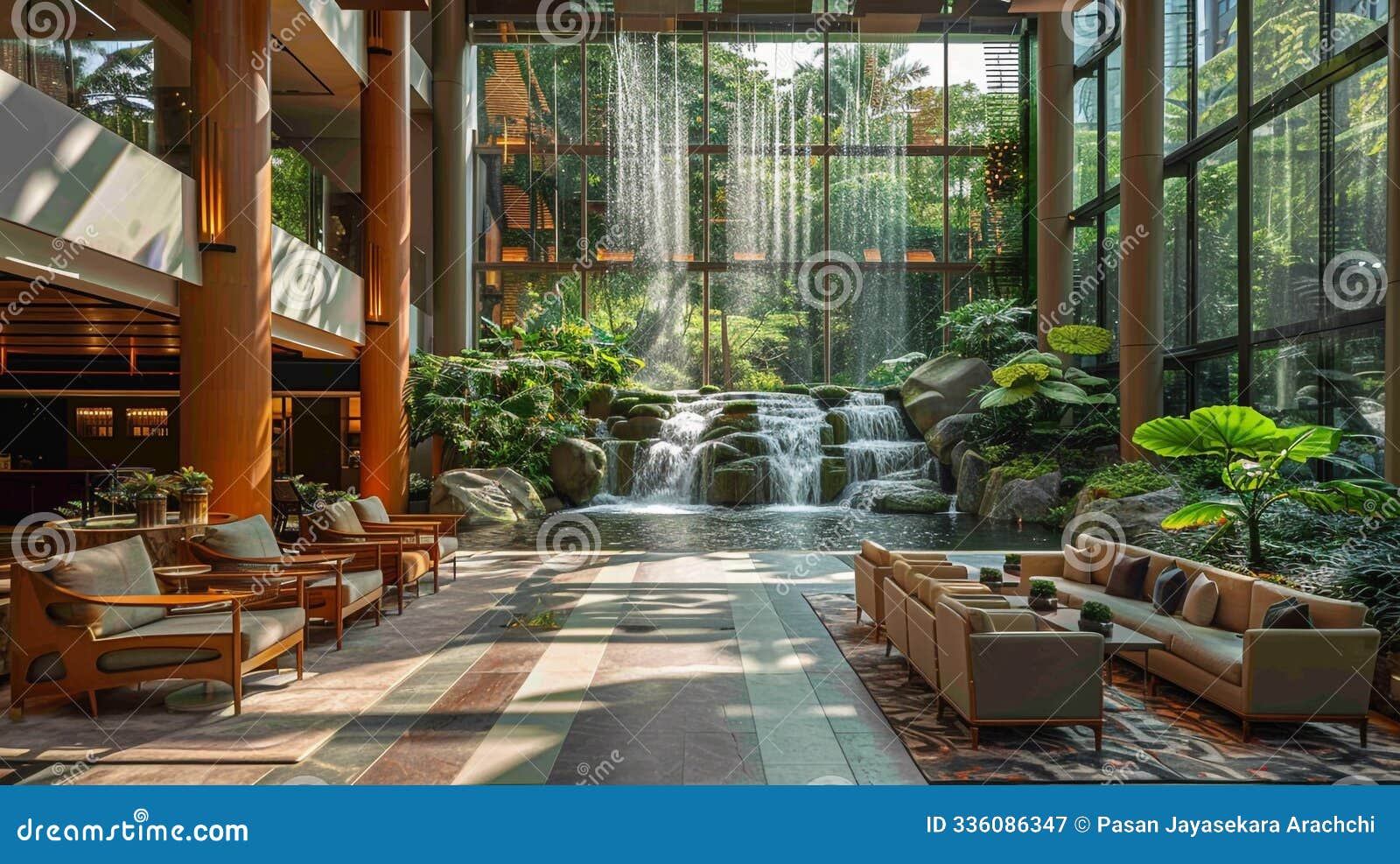 Hotel Lobby Features Panoramic Windows and Lounge Seating with a ...