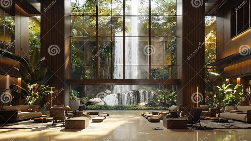 Hotel Lobby Features Panoramic Windows and Lounge Seating with a ...