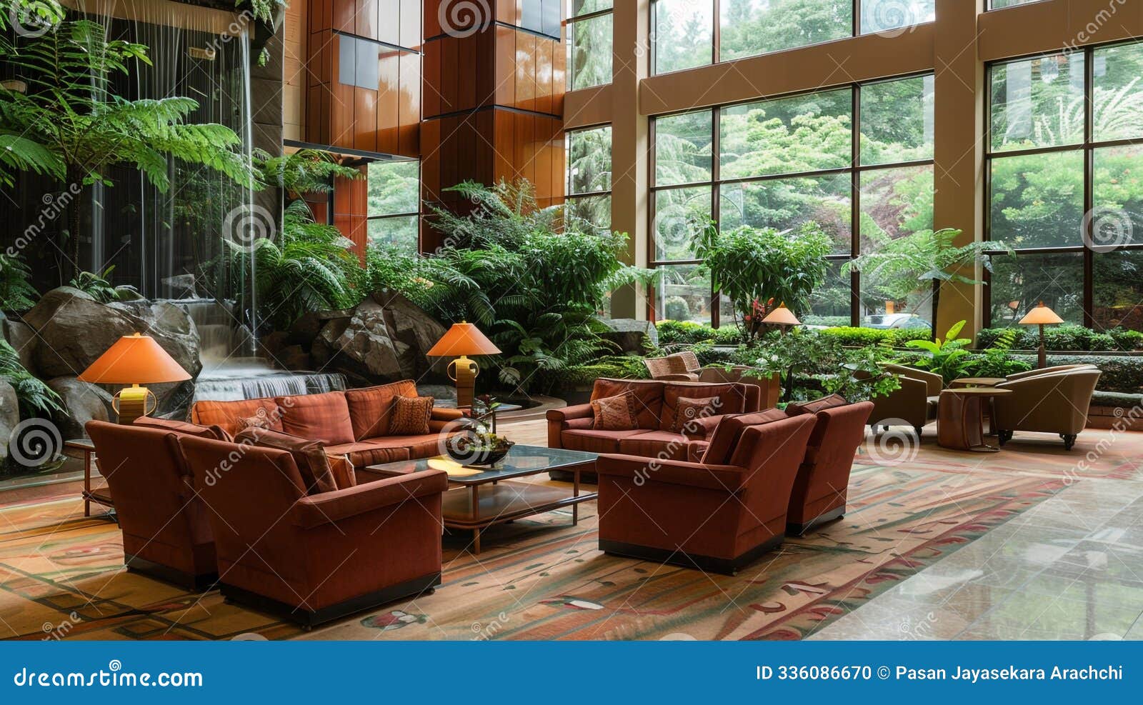 Hotel Lobby Features Panoramic Windows and Lounge Seating with a ...
