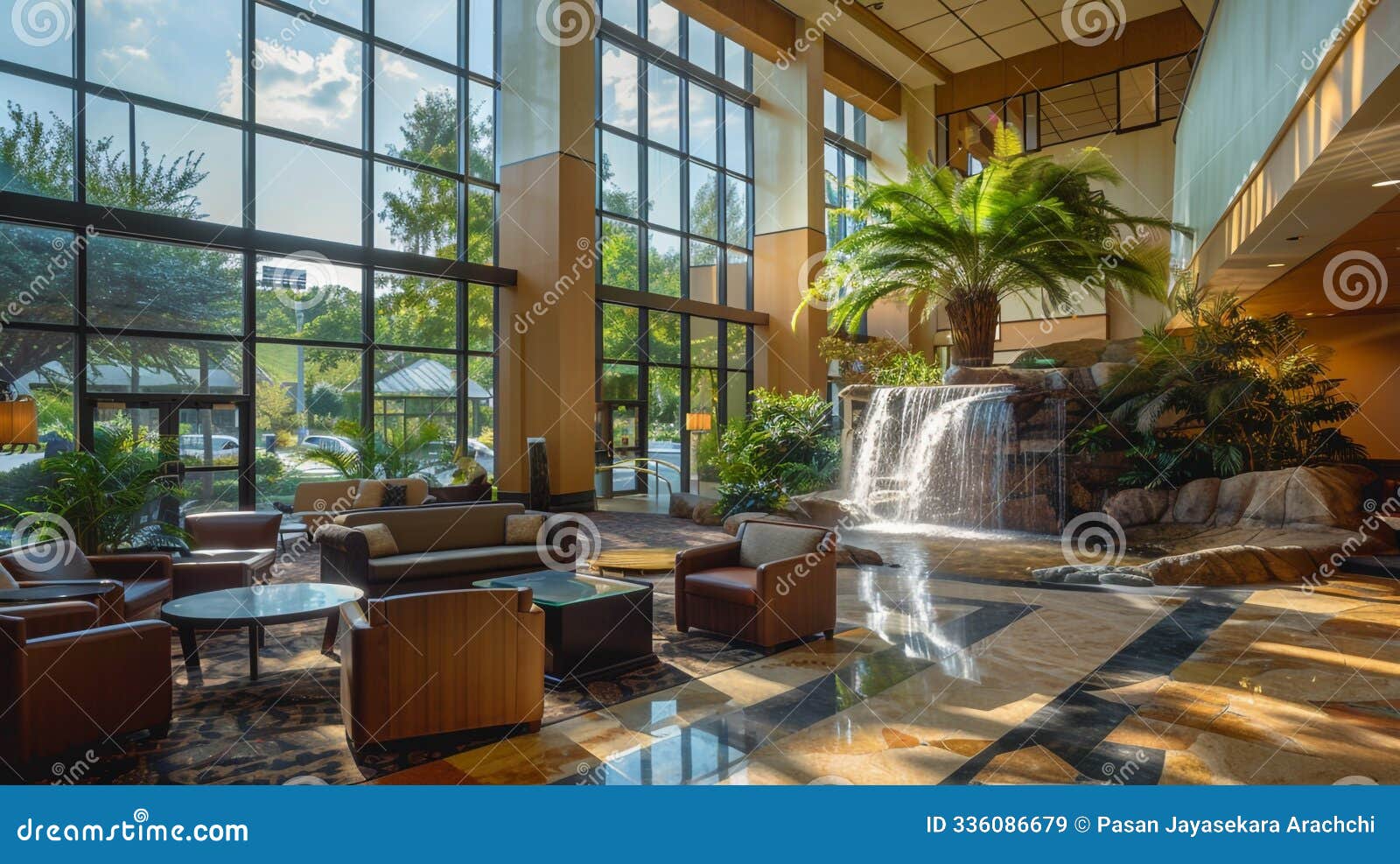 Hotel Lobby Features Panoramic Windows and Lounge Seating with a ...