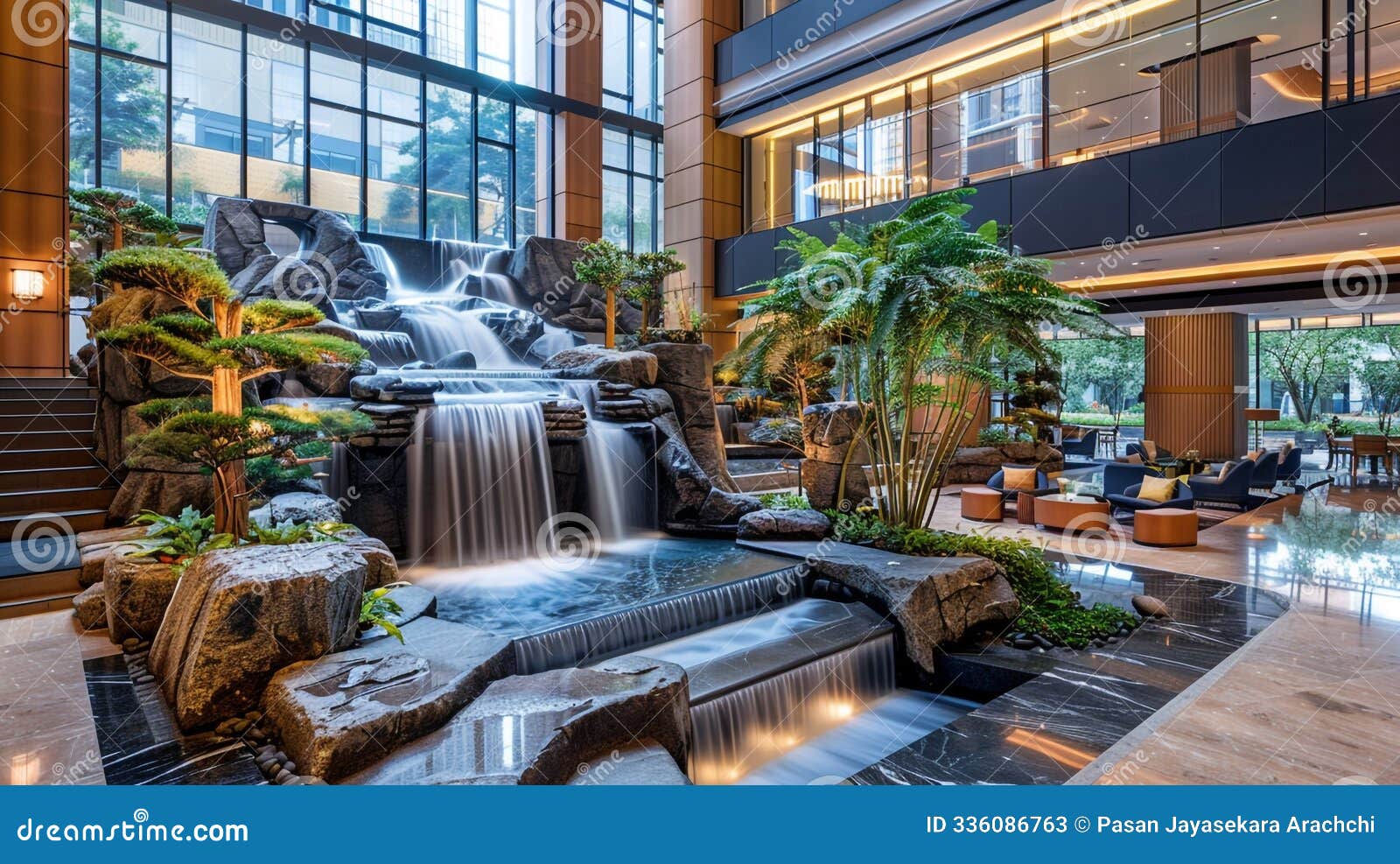 Hotel Lobby Features Panoramic Windows and Lounge Seating with a ...