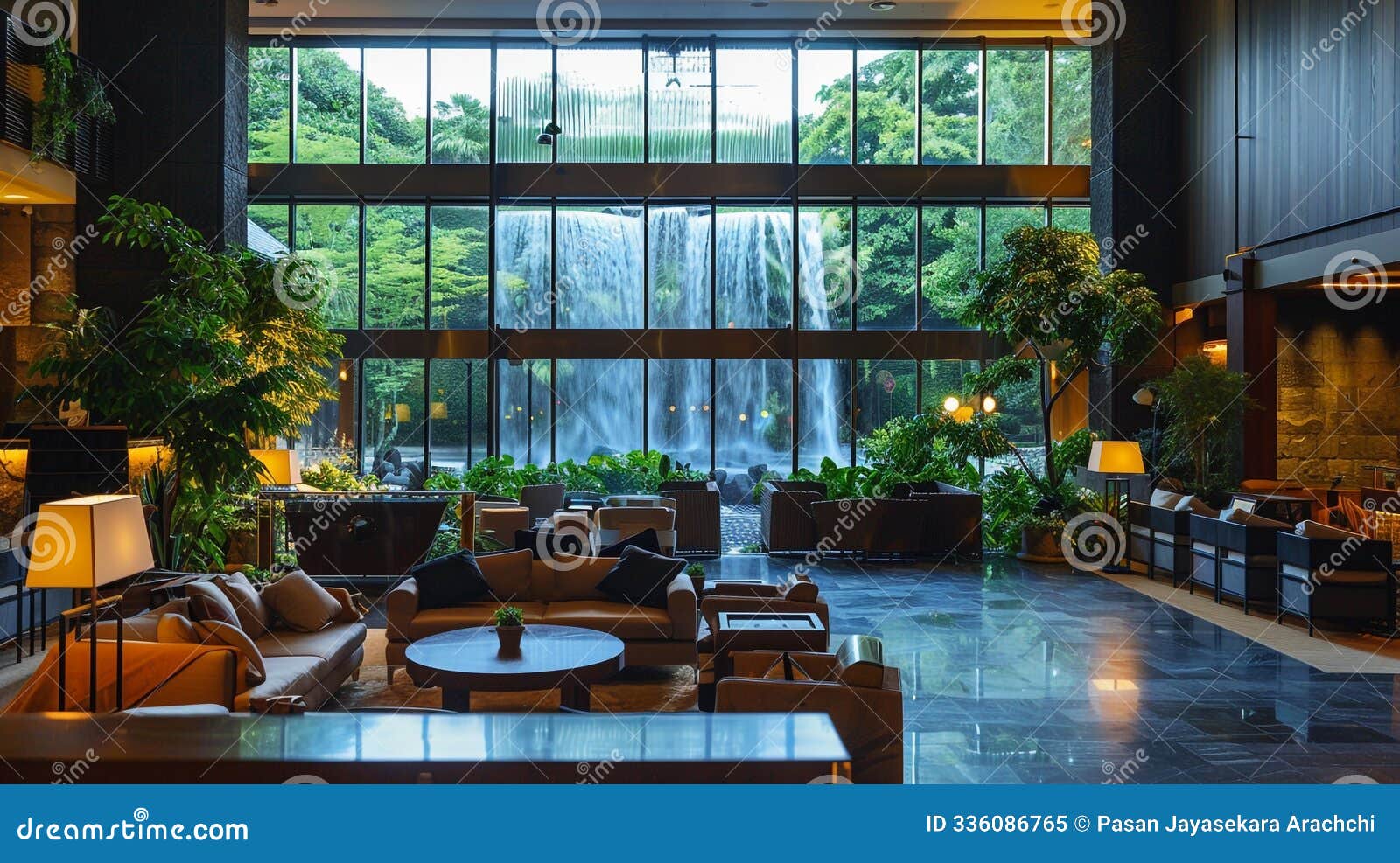 Hotel Lobby Features Panoramic Windows and Lounge Seating with a ...