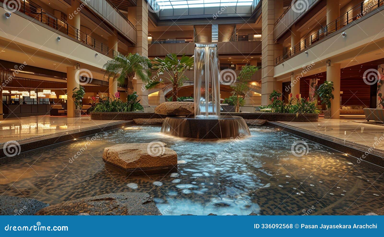 Hotel Lobby Featuring Atrium and Water Feature Stock Illustration ...