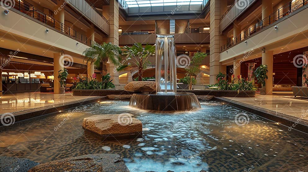 Hotel Lobby Featuring Atrium and Water Feature Stock Illustration ...