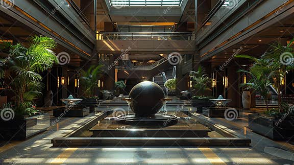 Hotel Lobby Featuring Central Atrium with Water Feature and Sculptures ...