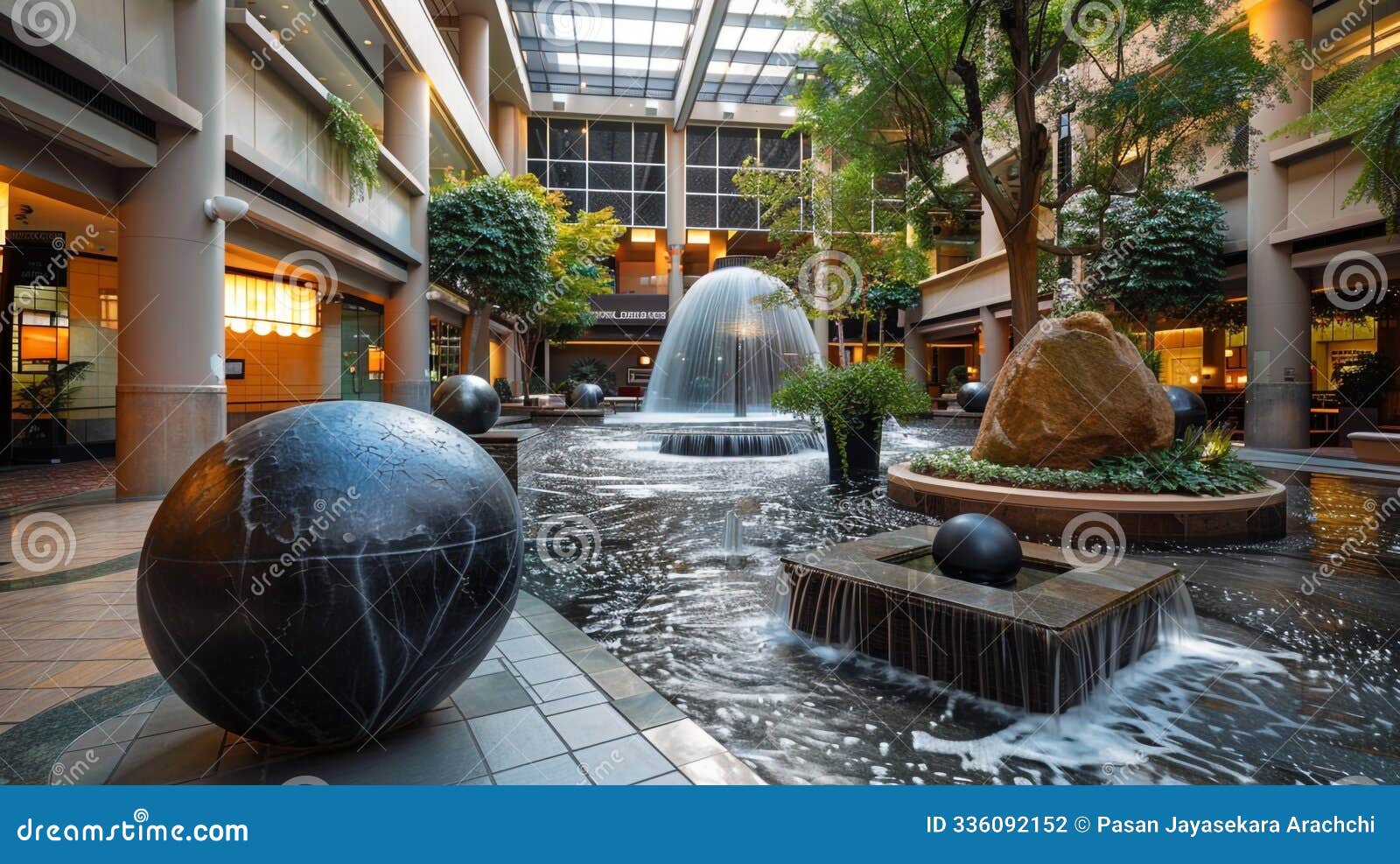 Hotel Lobby Featuring Central Atrium with Water Feature and Sculptures ...