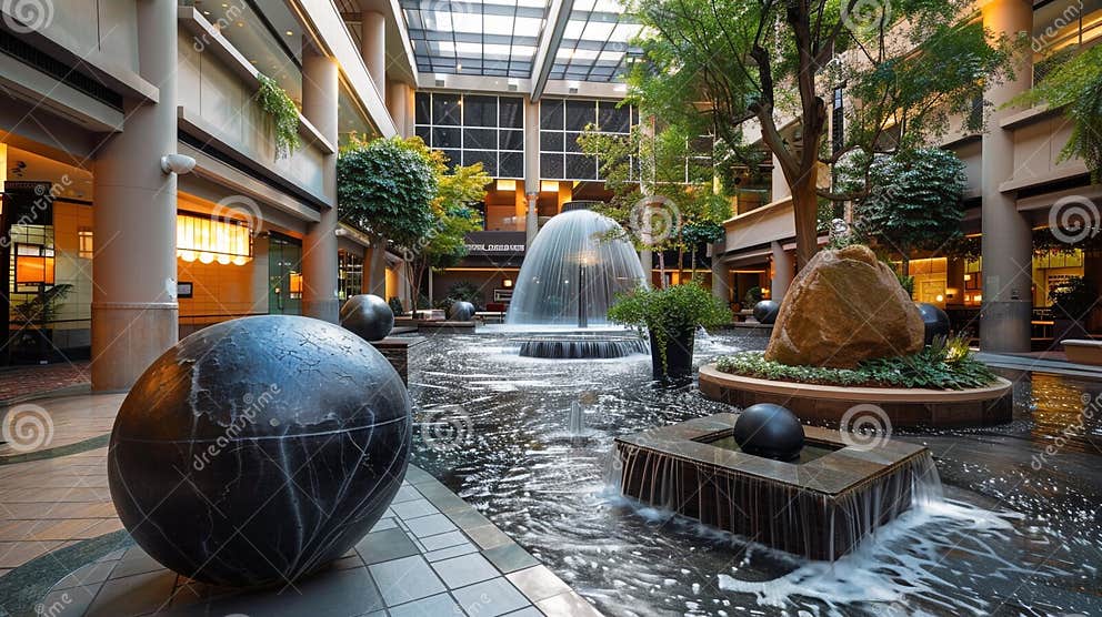 Hotel Lobby Featuring Central Atrium with Water Feature and Sculptures ...