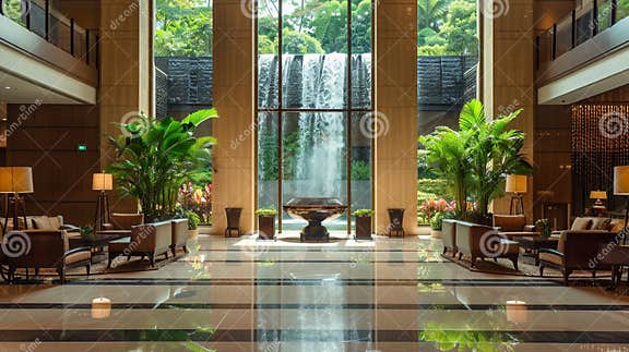 Hotel Lobby Featuring Lounge Seating and a Waterfall Stock Illustration ...