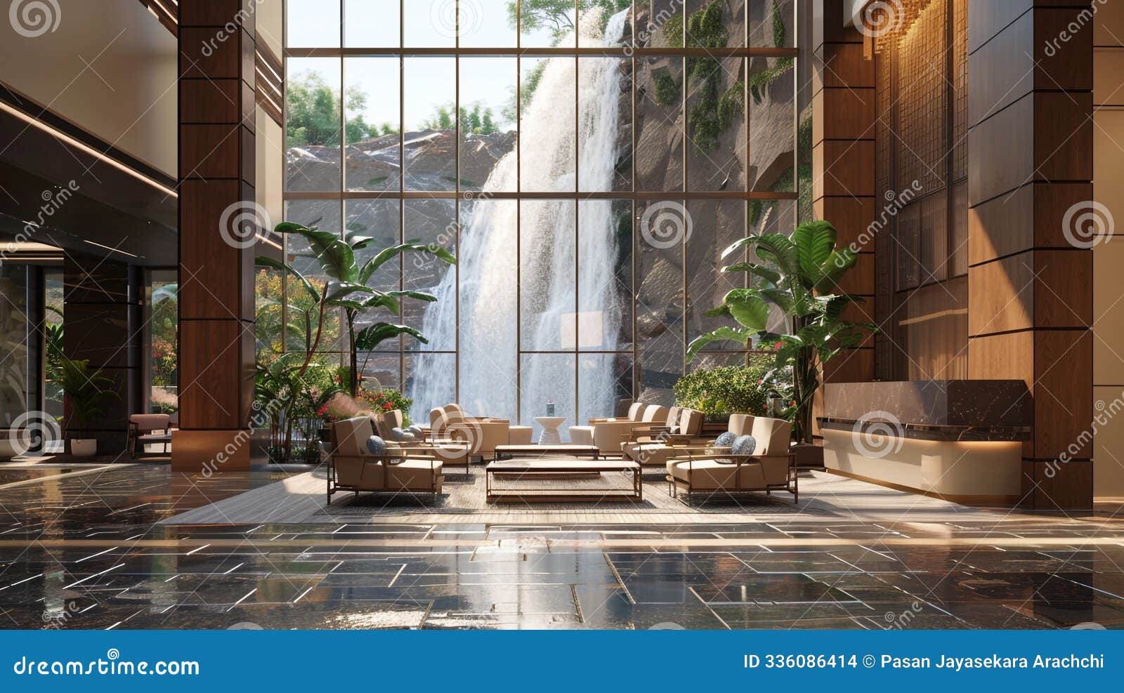 Hotel Lobby Featuring Panoramic Windows and Lounge Seating with a ...