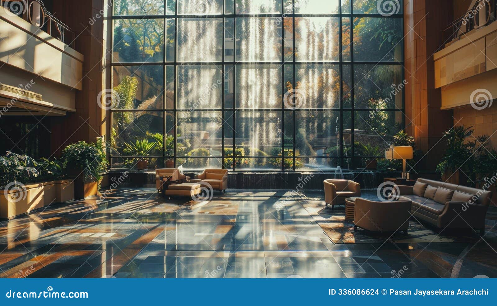 Hotel Lobby Featuring Panoramic Windows and Lounge Seating with a ...