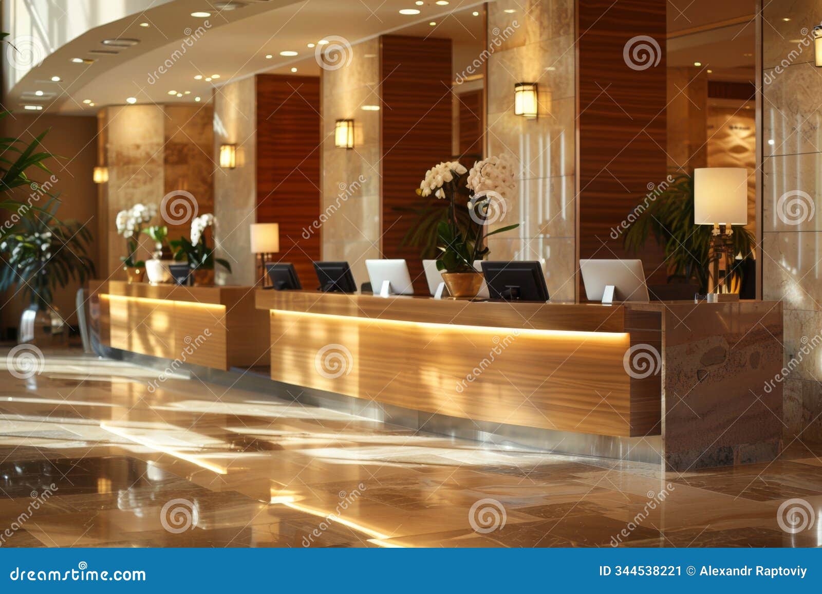 A Hotel Lobby with Numerous Desks and Computer Stations Stock Image ...