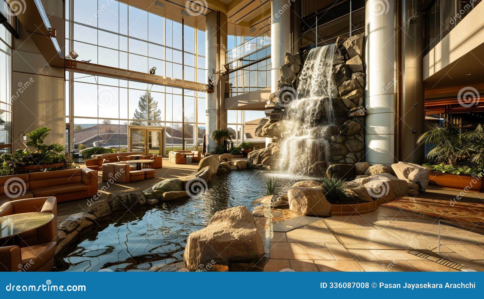 Hotel Lobby Showcasing Panoramic Windows and Lounge Seating with a ...
