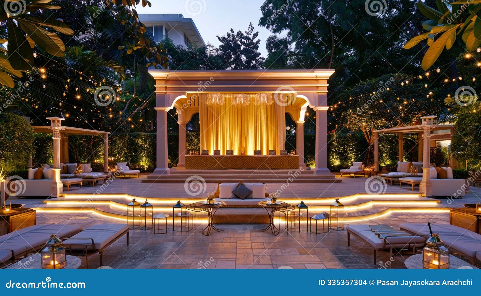 Hotel Outdoor Event Space Features Stage Setup and Elegant Seating ...