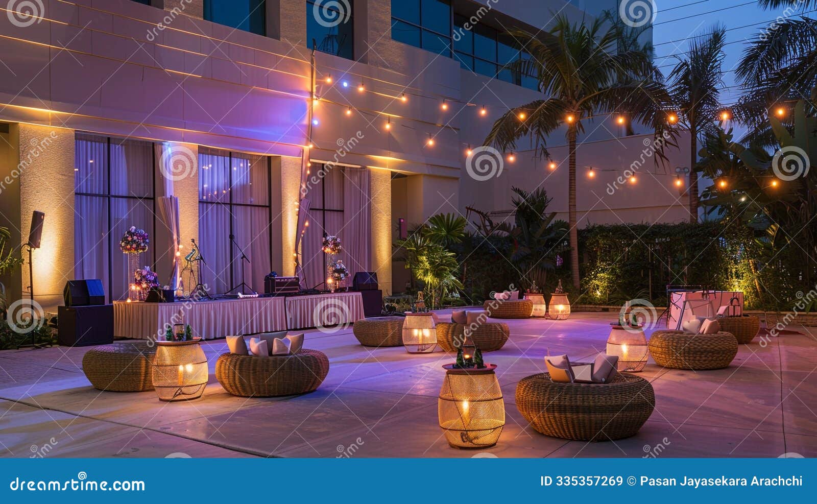 Hotel Outdoor Event Space Featuring Stage Setup with Lighting and ...
