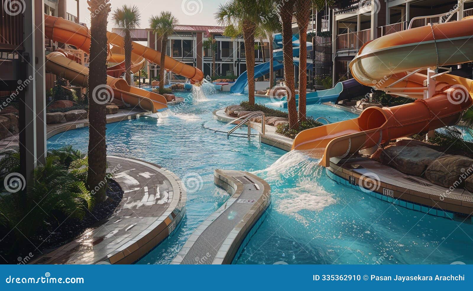Hotel Pool Featuring Water Slides and Splash Pad Stock Illustration ...
