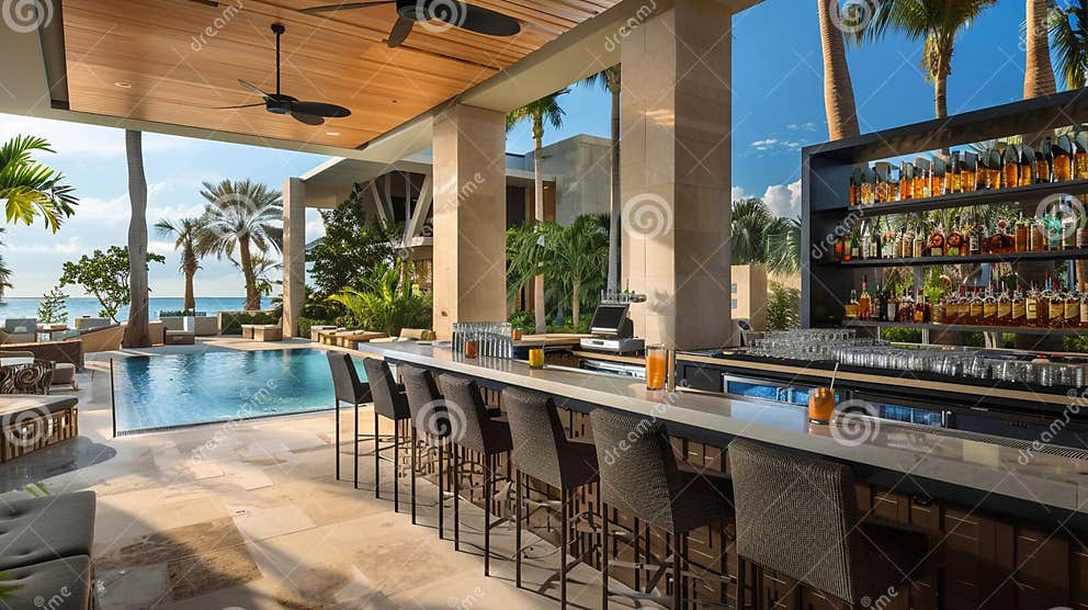 Hotel Poolside Bar Serving Drinks with Elegant Seating and Ocean Breeze ...