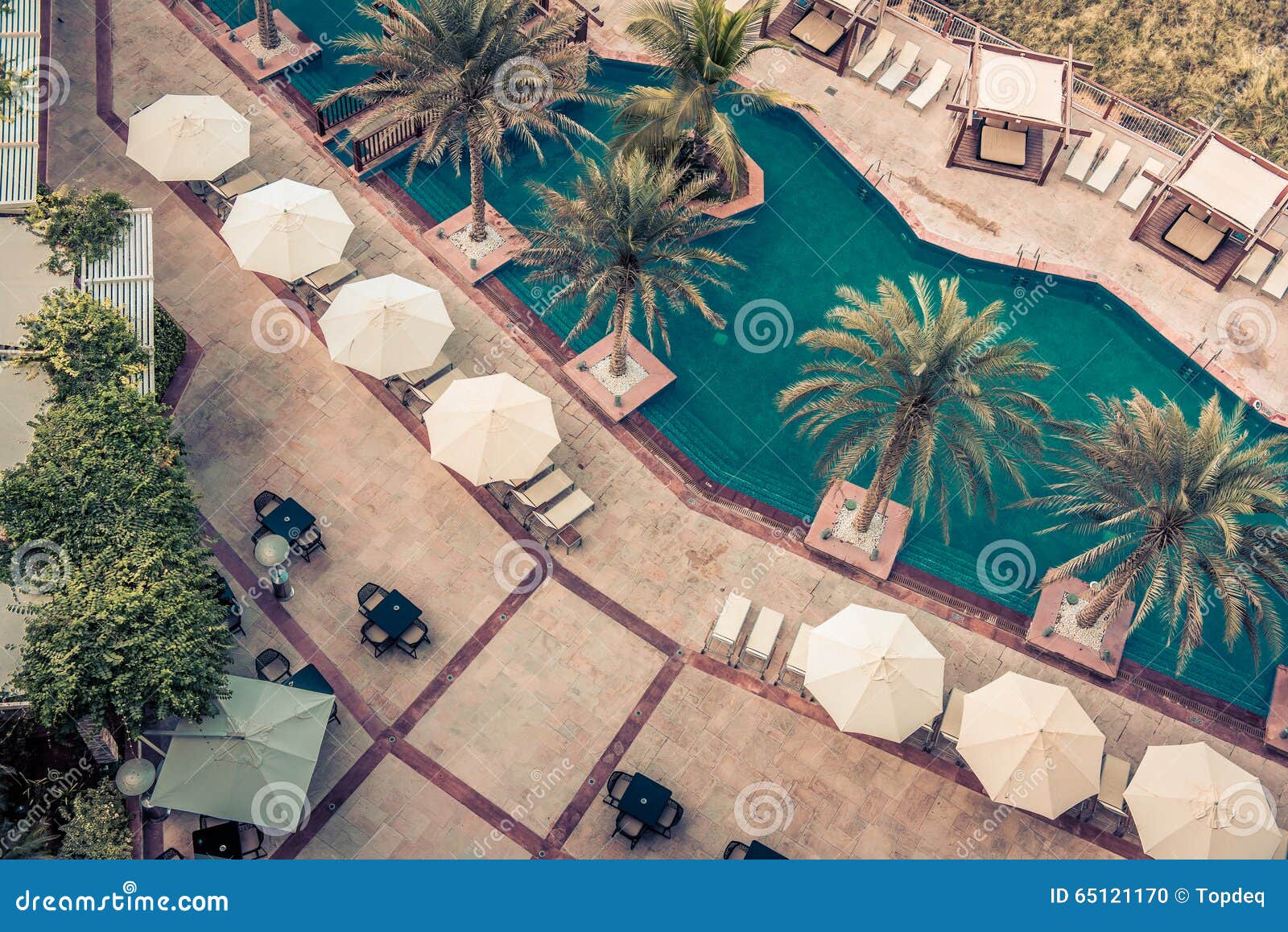 Hotel Poolside with Parasols and Palms Stock Photo - Image of luxury ...