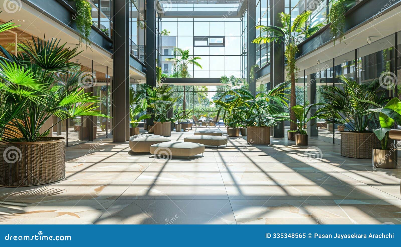 Hotel Reception Area Features Glass Atrium and Tropical Plants Stock ...