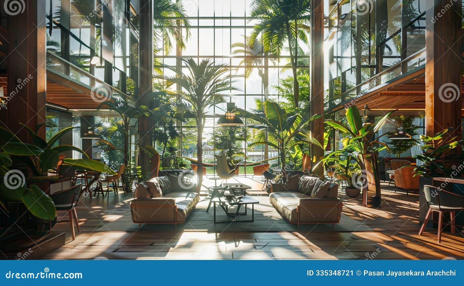 Hotel Reception Area Features Glass Atrium with Tropical Plants and ...