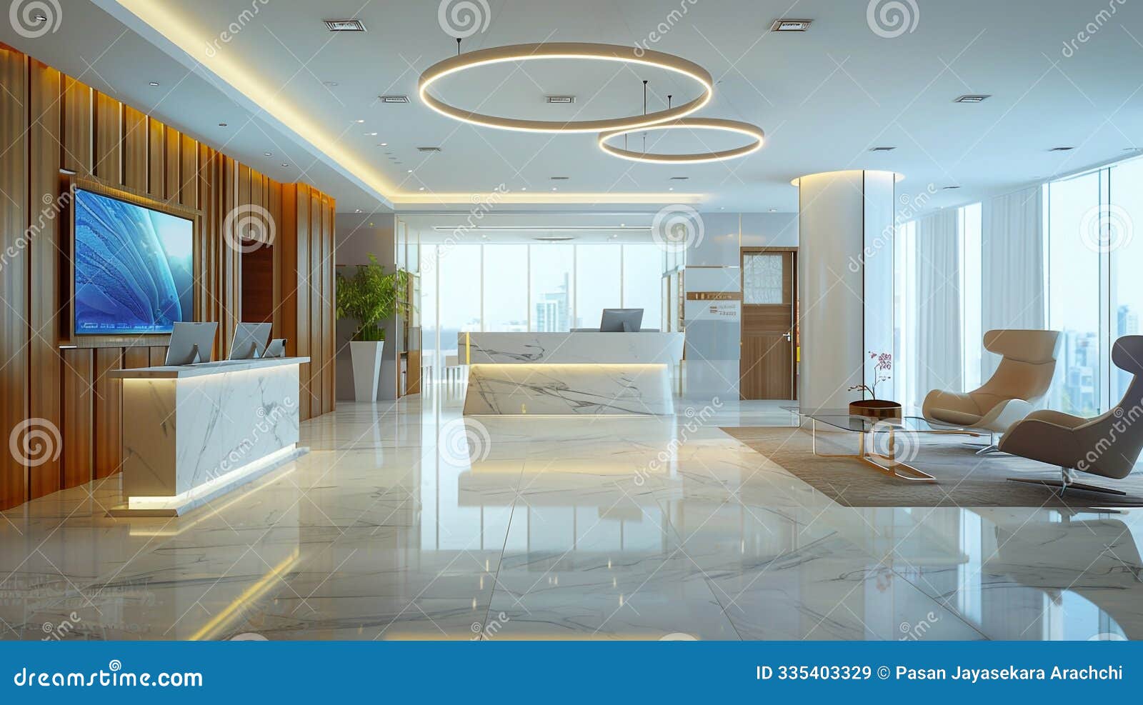 Hotel Reception Area Features Interactive Touch Screens and Minimalist ...