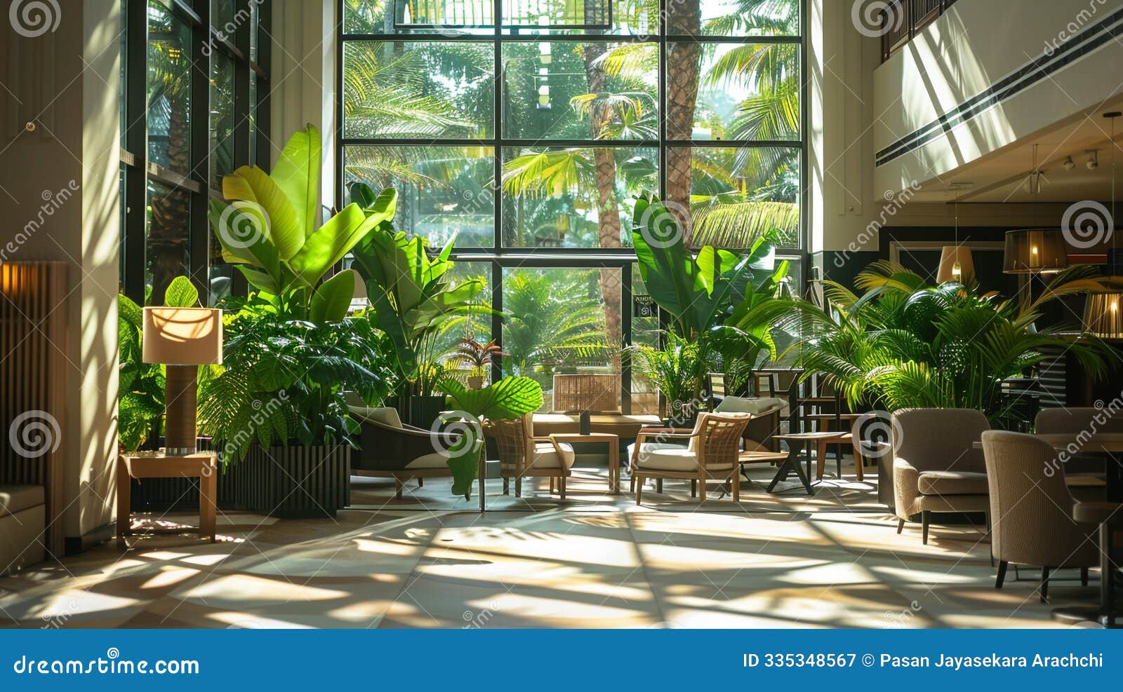 Hotel Reception Area Featuring Glass Atrium and Tropical Plants Stock ...
