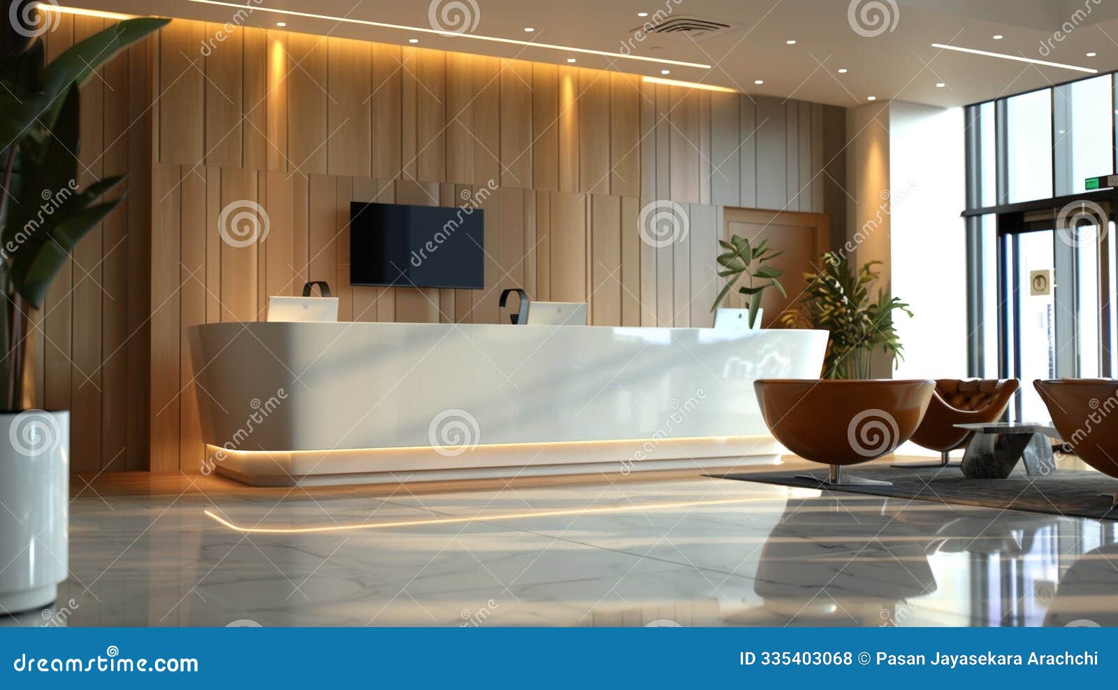 Hotel Reception Area Featuring Interactive Touch Screens and Minimalist ...