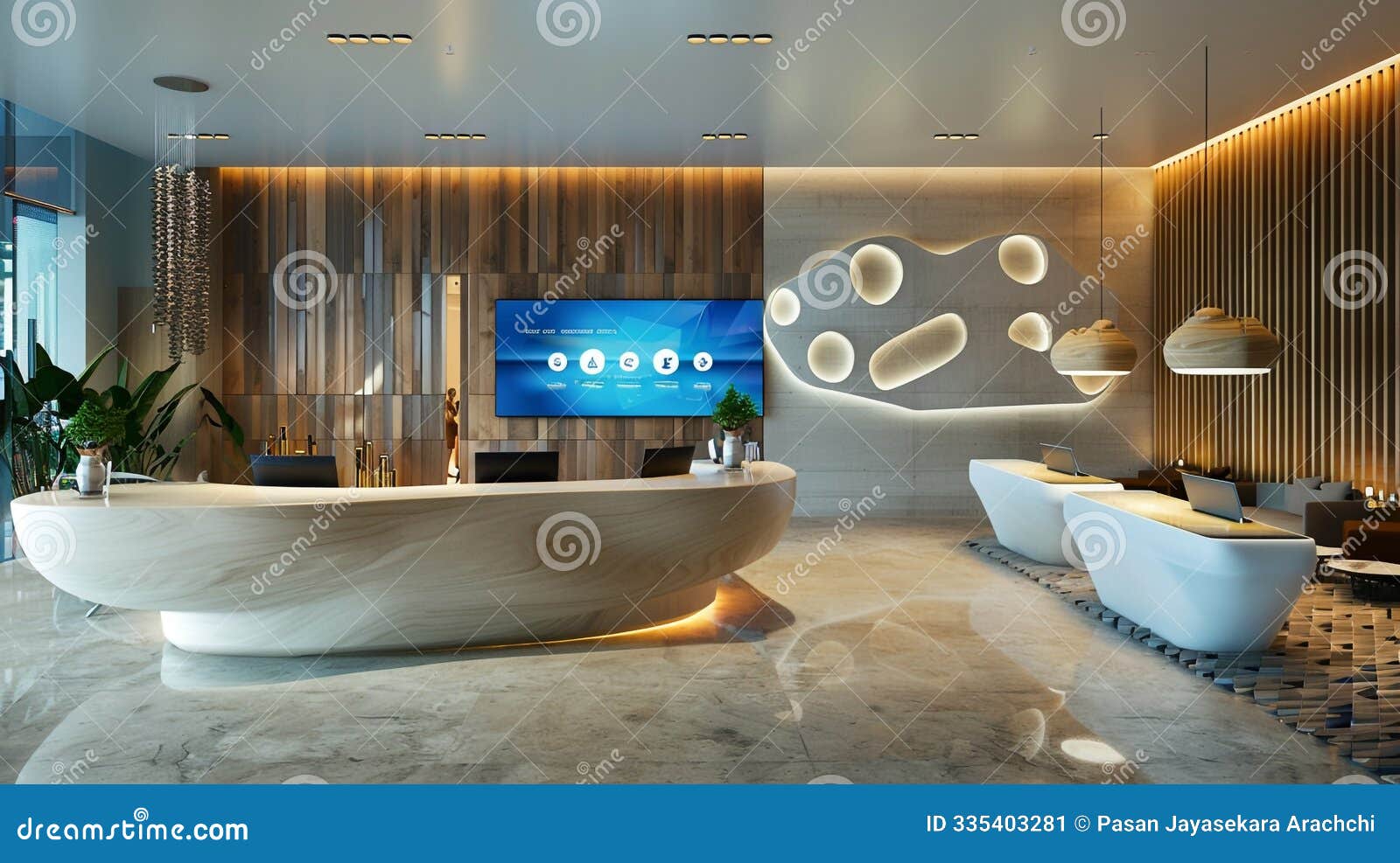 Hotel Reception Area Featuring Interactive Touch Screens and Minimalist ...