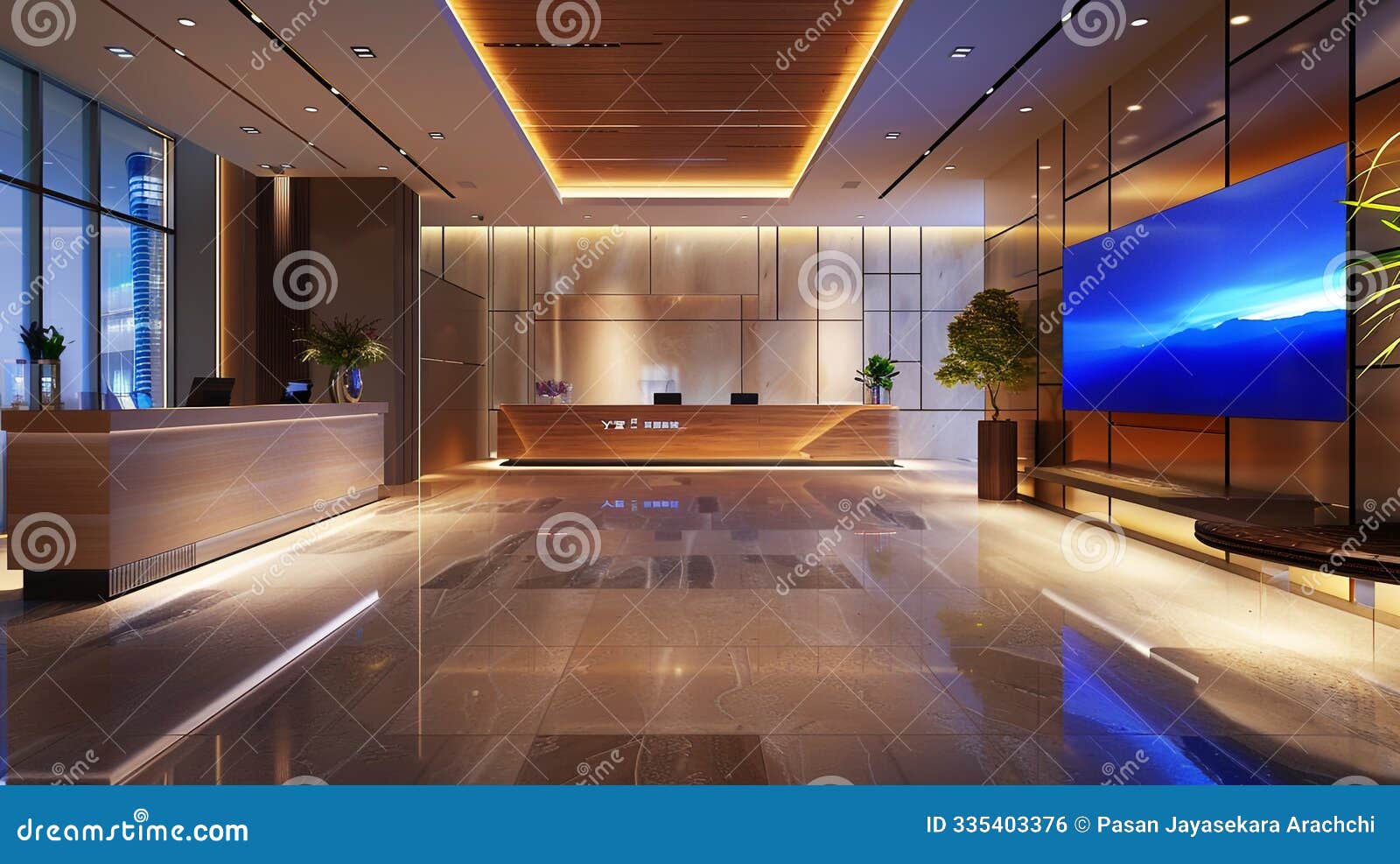 Hotel Reception Area Featuring Interactive Touch Screens and Minimalist ...