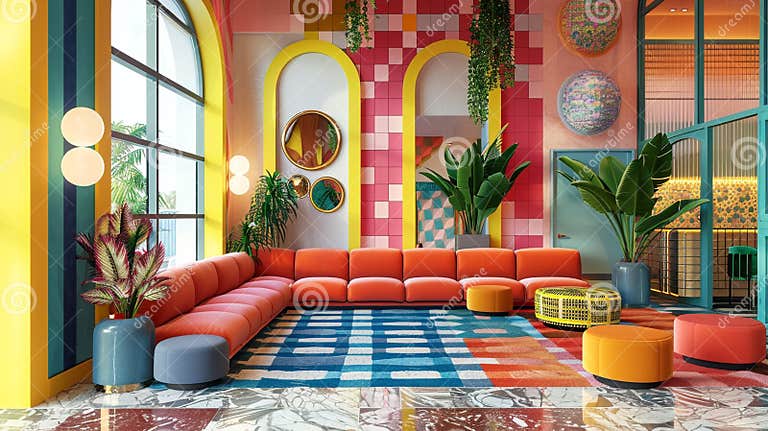 Hotel Reception Area Featuring Vibrant Colors and Geometric Patterns ...
