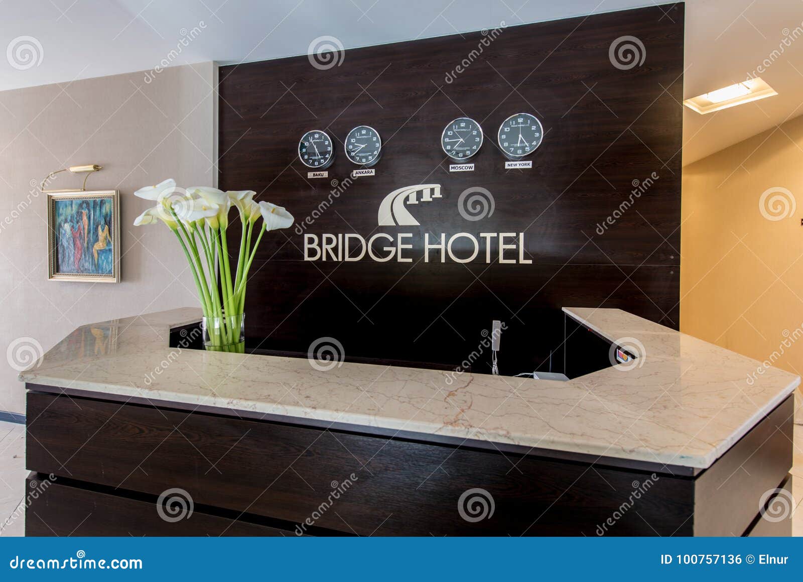 The Hotel Reception with Desk and Clocks Stock Photo - Image of floor ...