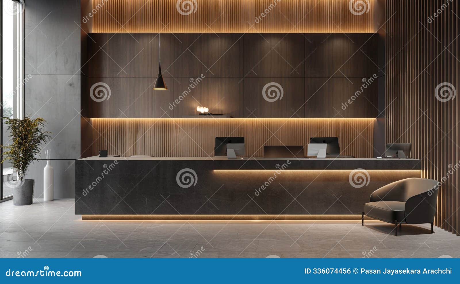 Hotel Reception Desk Features Sleek Design and Digital Displays Stock ...