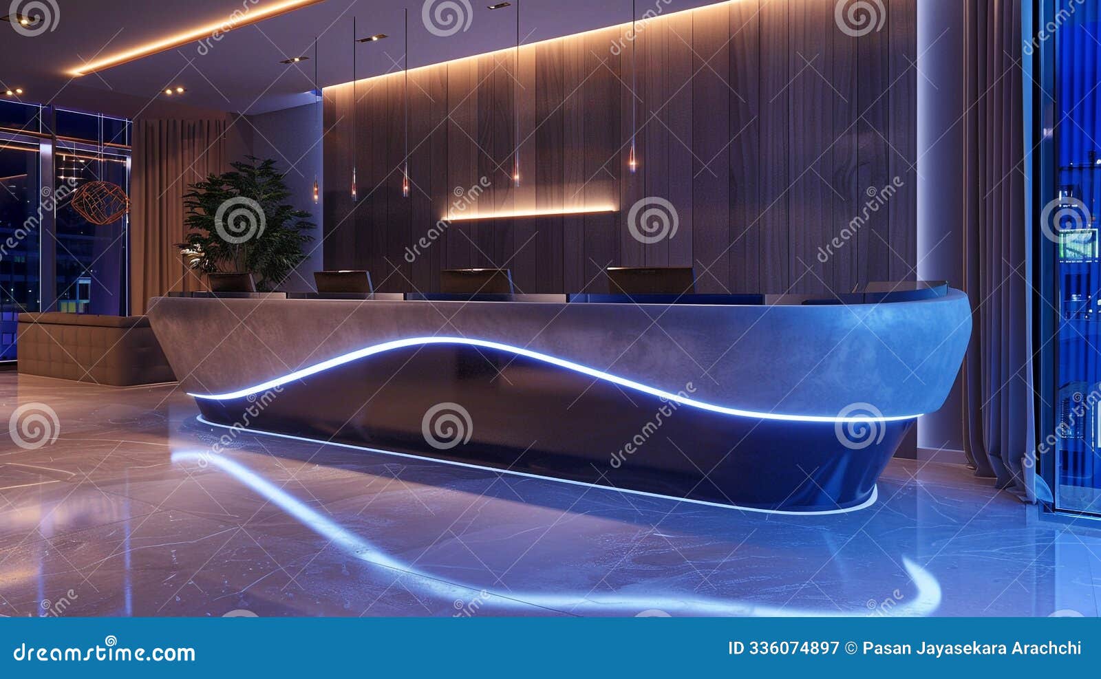 Hotel Reception Desk Features Sleek Design and Digital Displays Stock ...