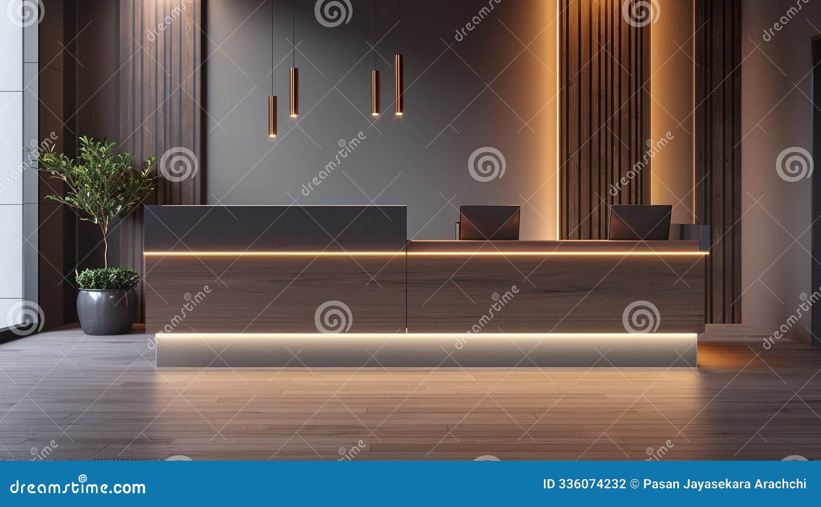 Hotel Reception Desk Featuring Sleek Design and Digital Displays Stock ...
