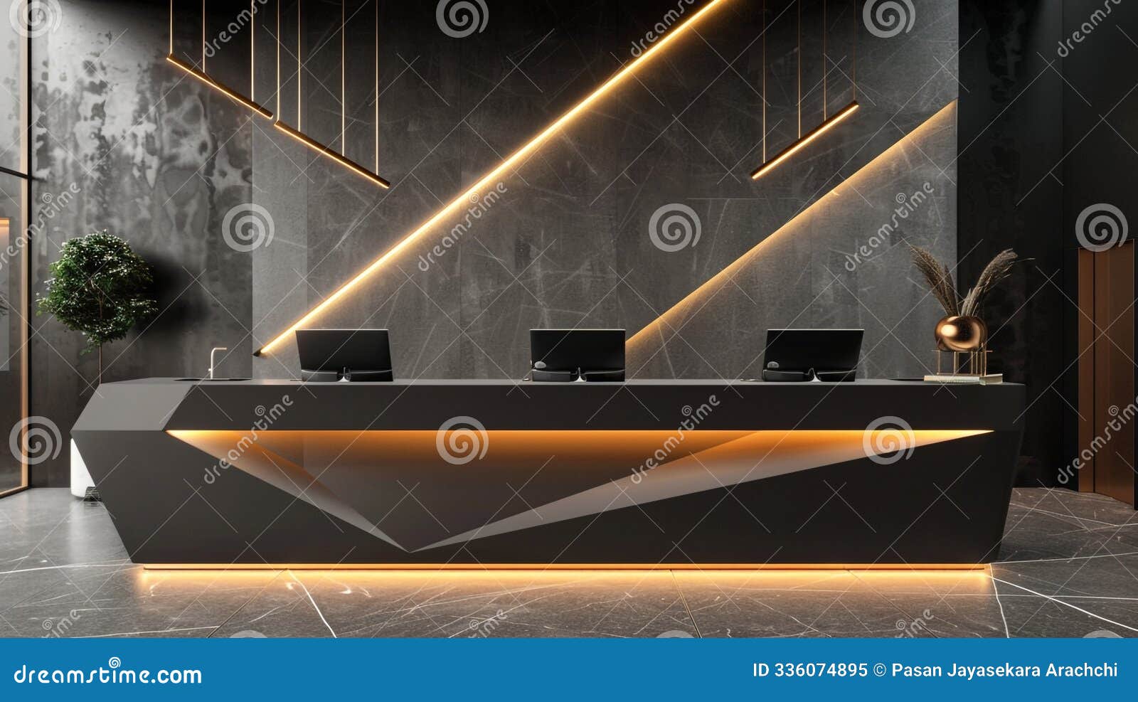 Hotel Reception Desk Featuring Sleek Design and Digital Displays Stock ...