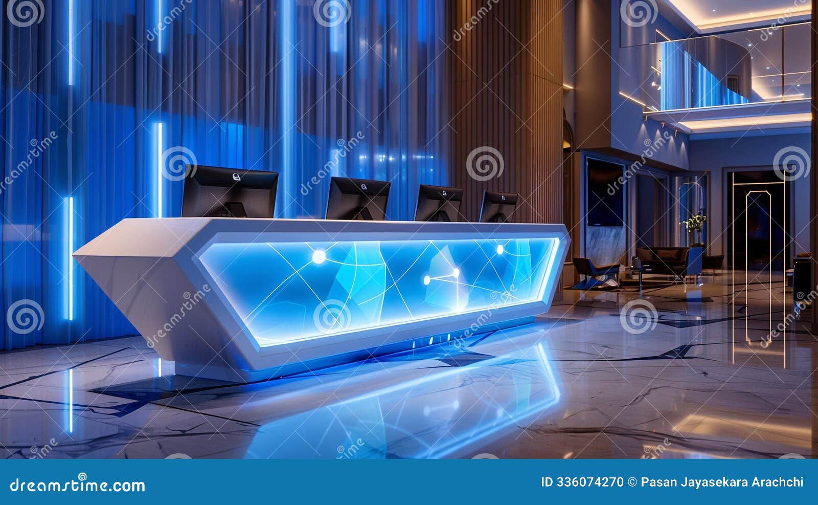 Hotel Reception Desk Showcasing Modern Design and Technology Stock ...