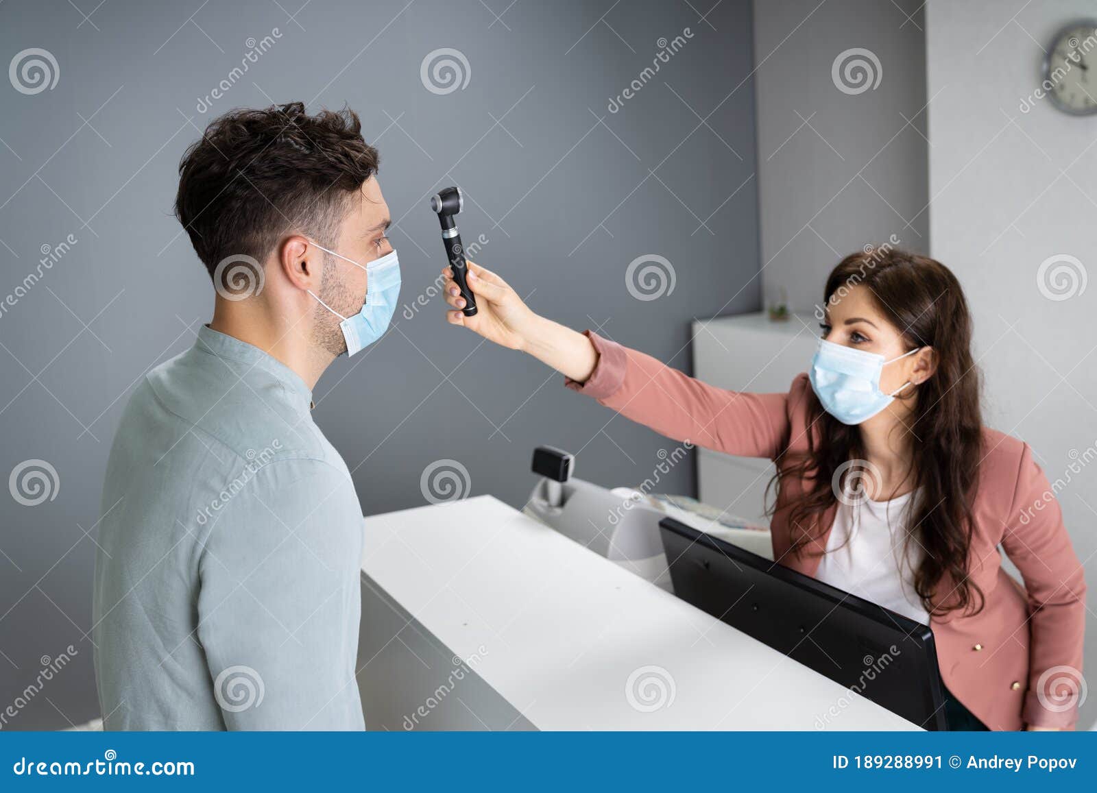 Hotel Reception Desk Temperature Check Stock Image - Image of illness ...