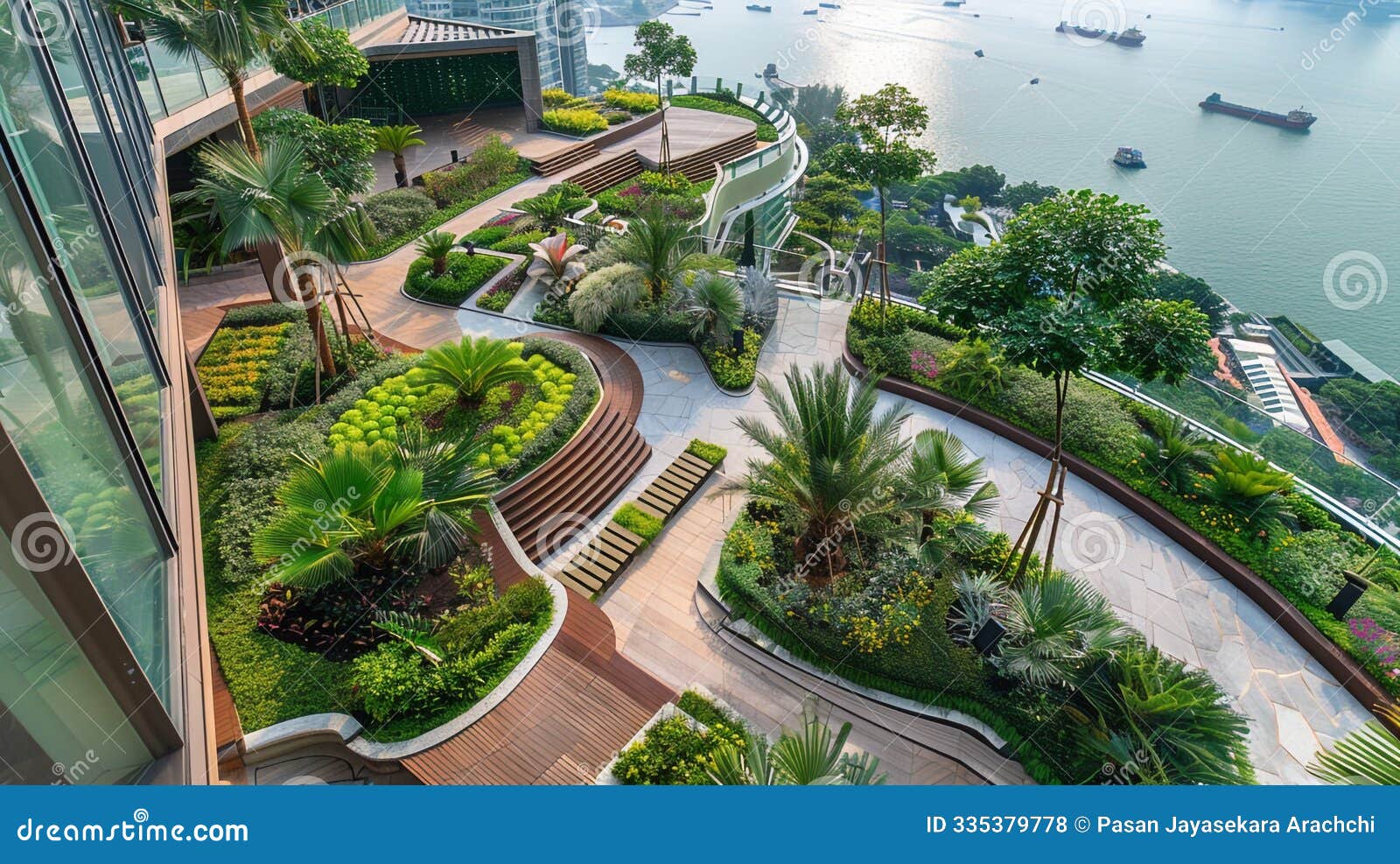 Hotel Rooftop Garden Featuring Plants and Walking Paths with Panoramic ...