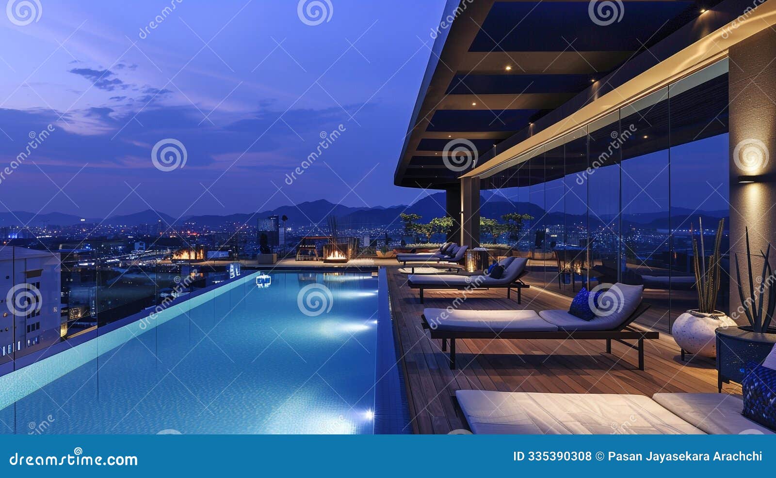 Hotel Rooftop Pool Showcasing Stunning Views at Night Stock ...