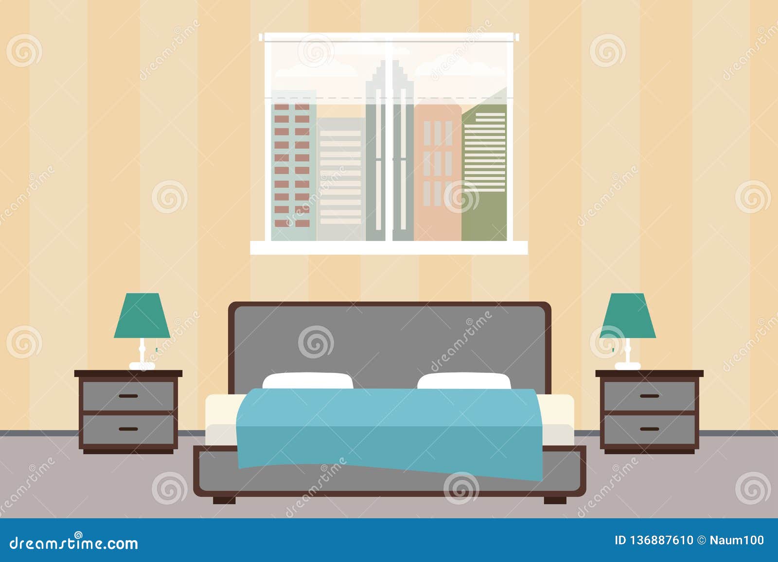 Hotel Room Or Bedroom Interior Flat Design Home Furniture Stock Vector