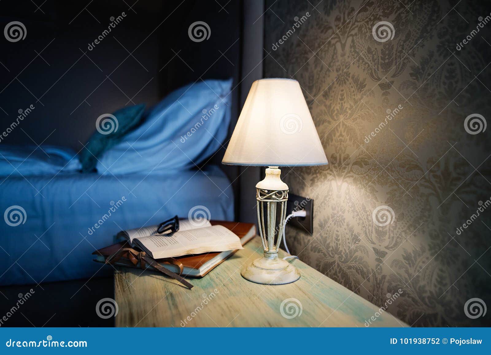 Hotel room in the evening. stock photo. Image of lamp - 101938752