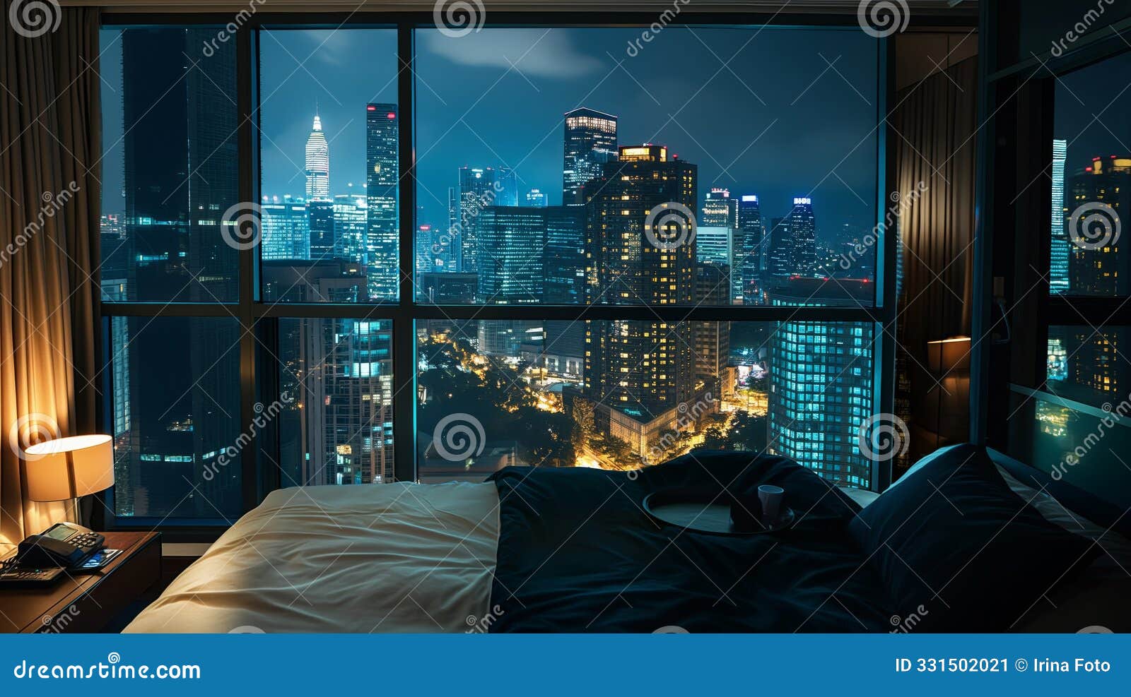 Hotel Room Overlooking the City at Night Stock Image - Image of room ...