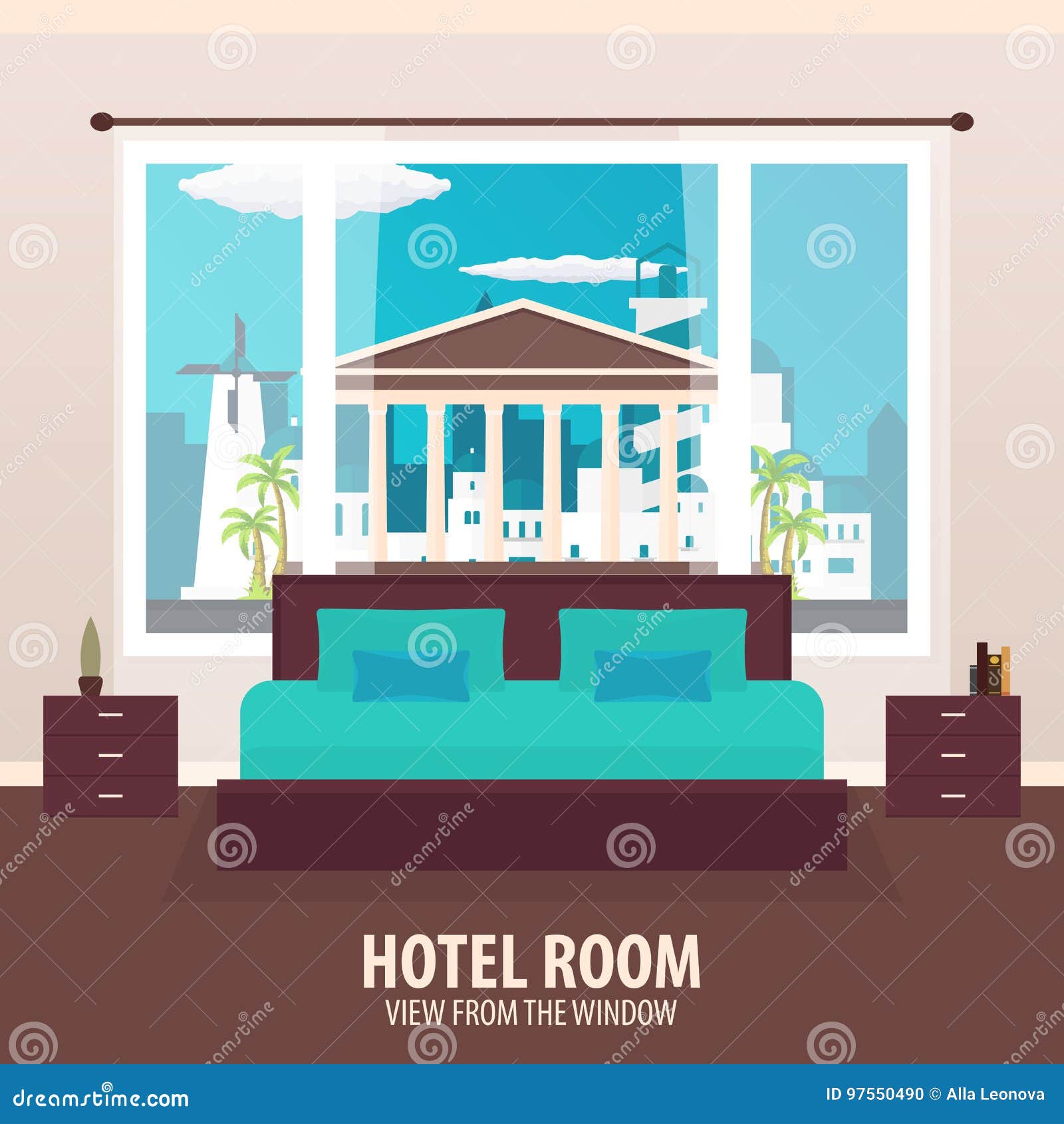 Hotel Room. View from the Window. Travelling Nad Trip. Vector Flat ...