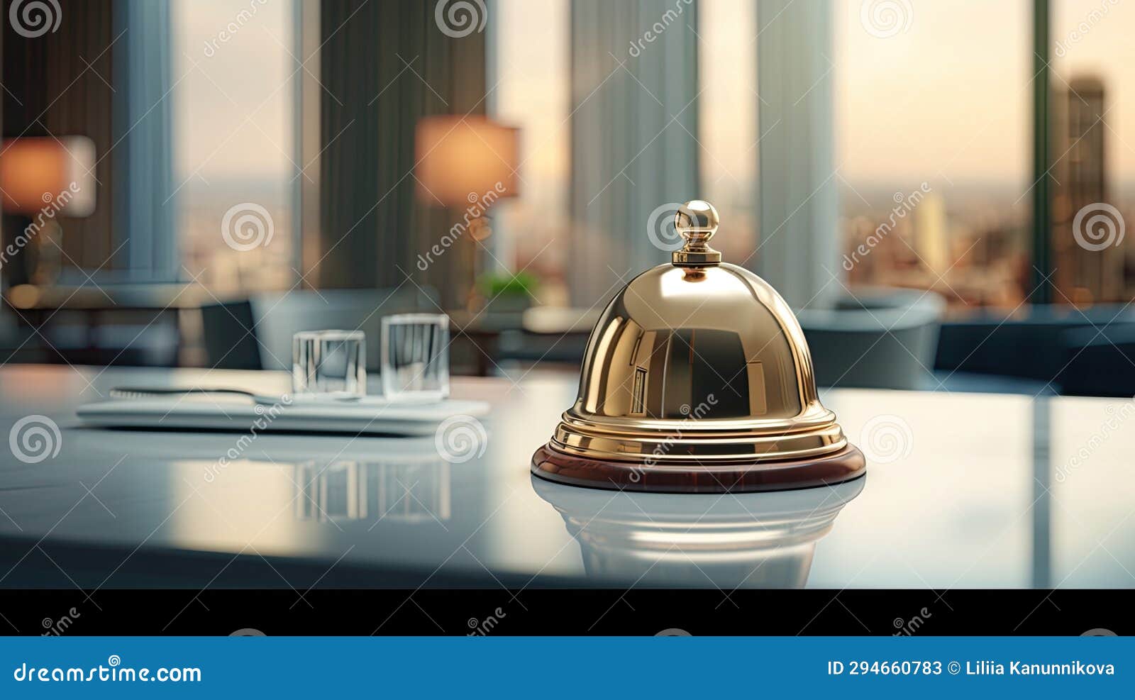 A Hotel Service Bell Elegantly Placed on a Pristine White Glass Table ...