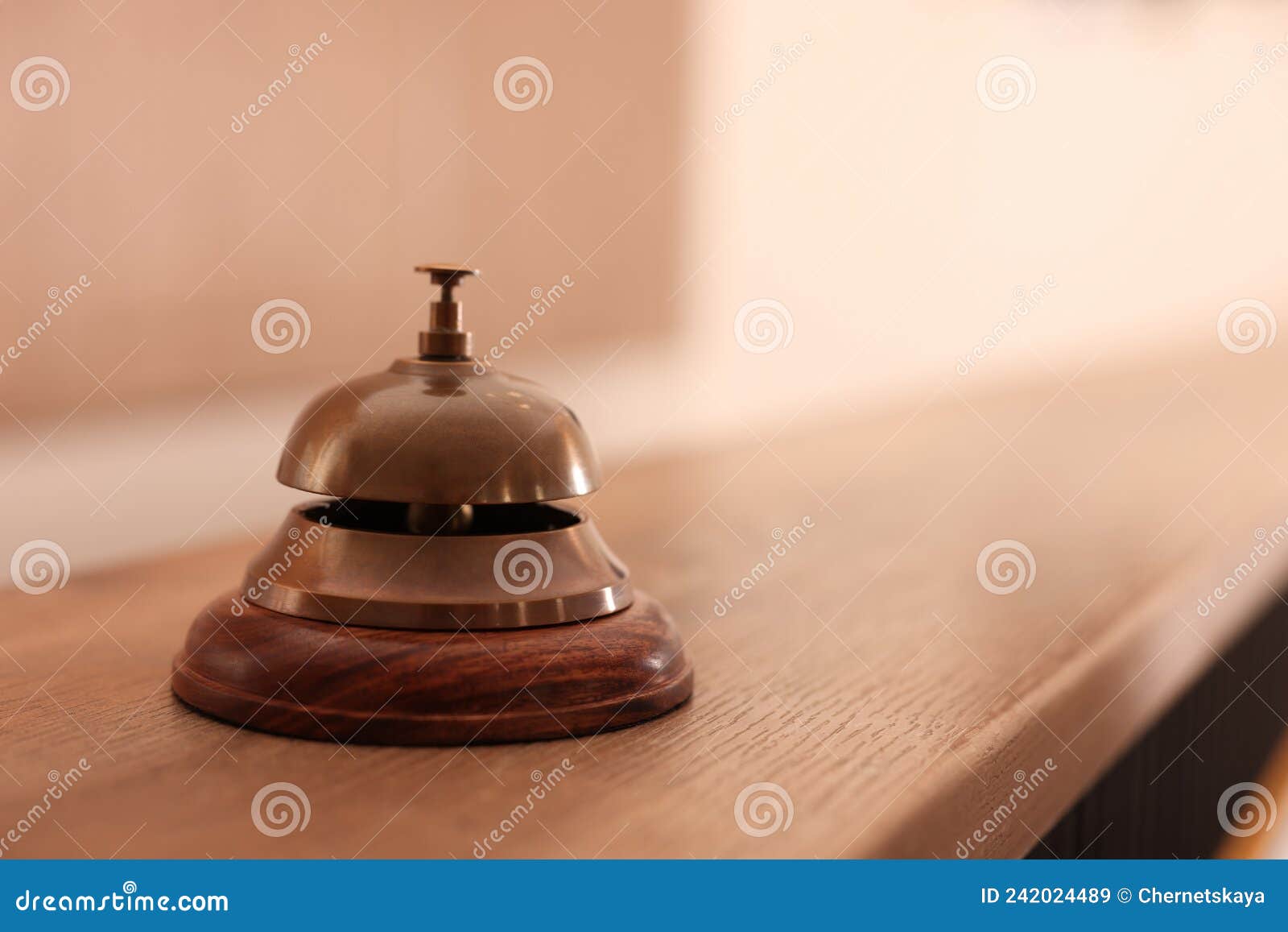 Hotel Service Bell on Wooden Reception Desk. Space for Text Stock Image ...