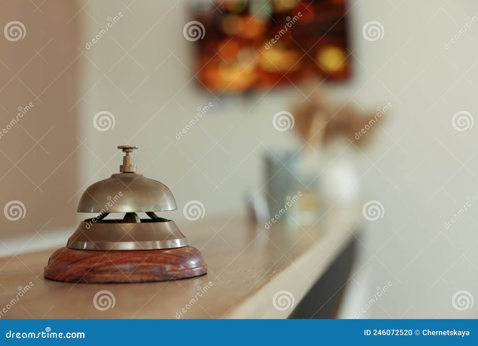 Hotel Service Bell on Wooden Reception Desk. Space for Text Stock Photo ...