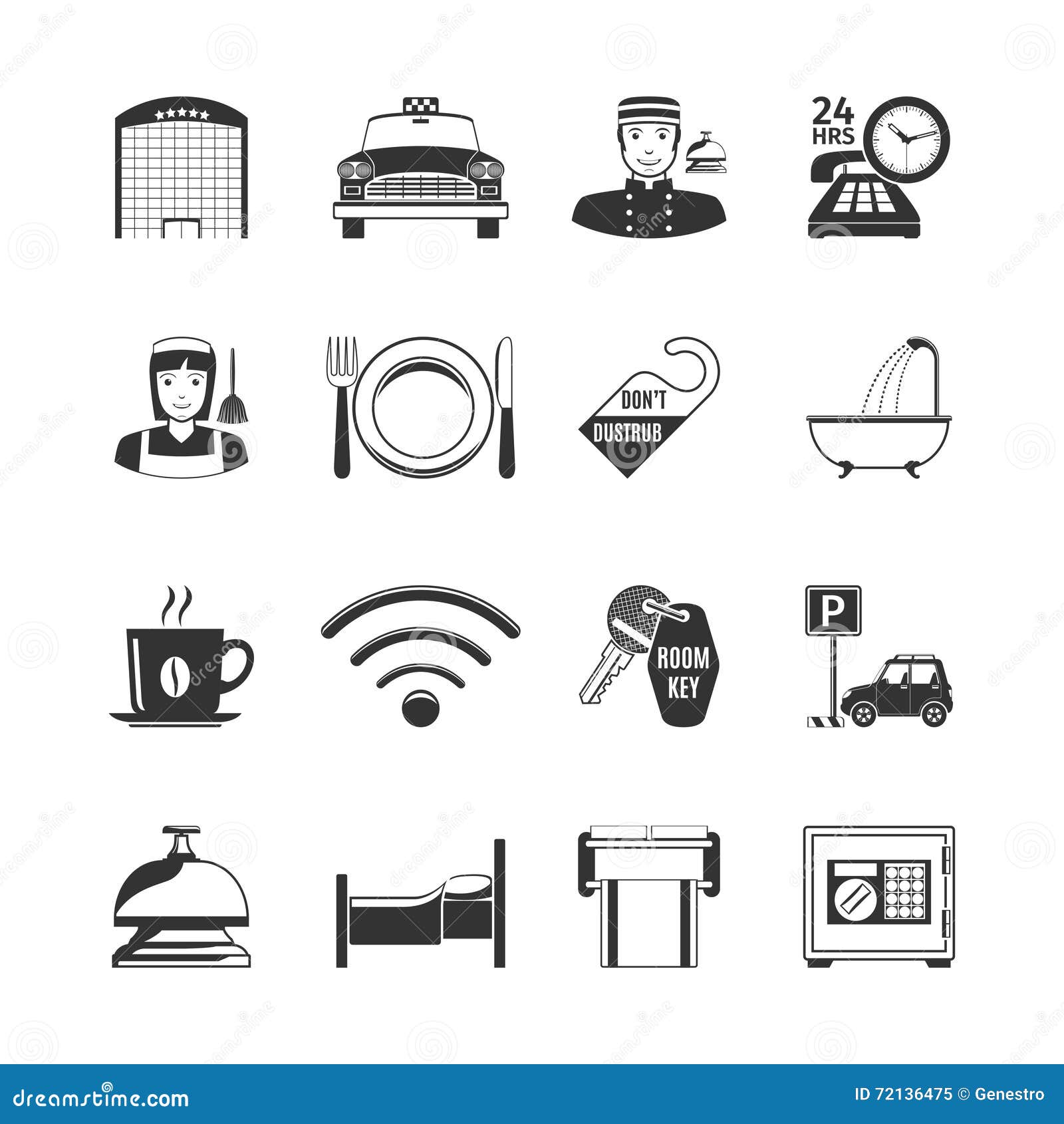 Hotel Service Black Icons Set Stock Vector - Illustration of horizontal ...
