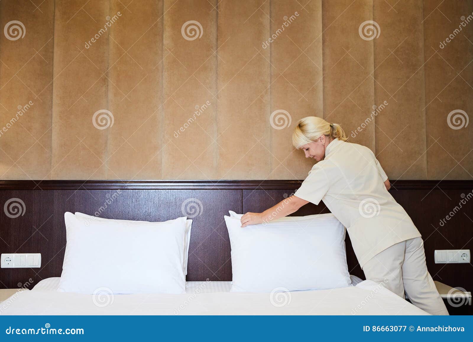 Hotel Service. Made Making Bed in Room. Stock Image - Image of people ...