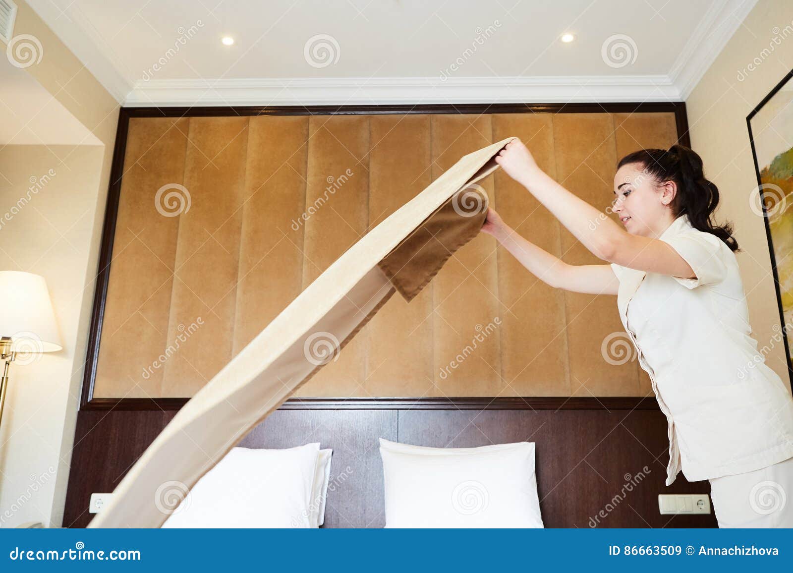 Hotel Service. Made Making Bed in Room. Stock Image - Image of motel ...