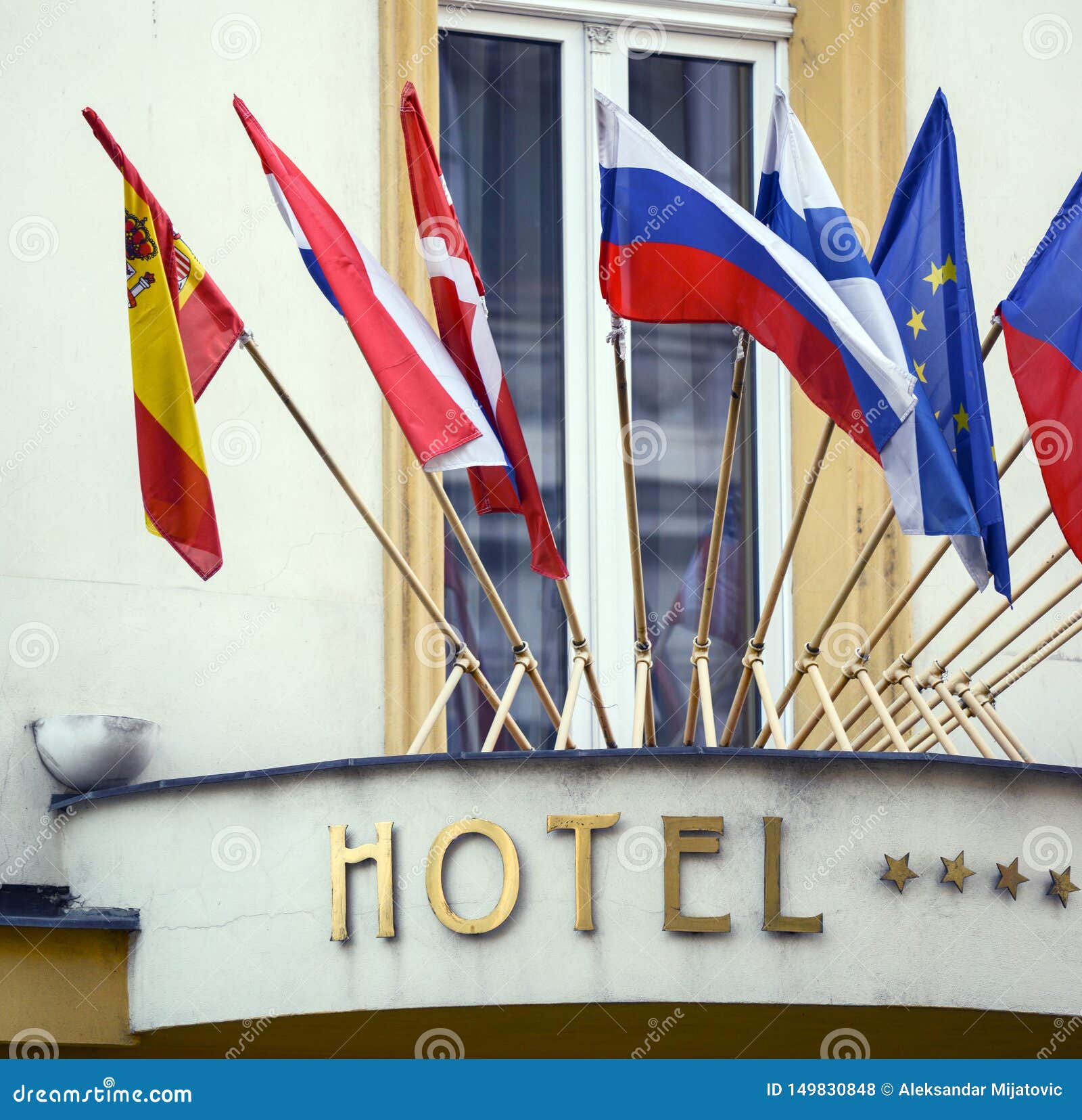 Hotel Sign with National Flags Stock Photo - Image of text, elegance ...