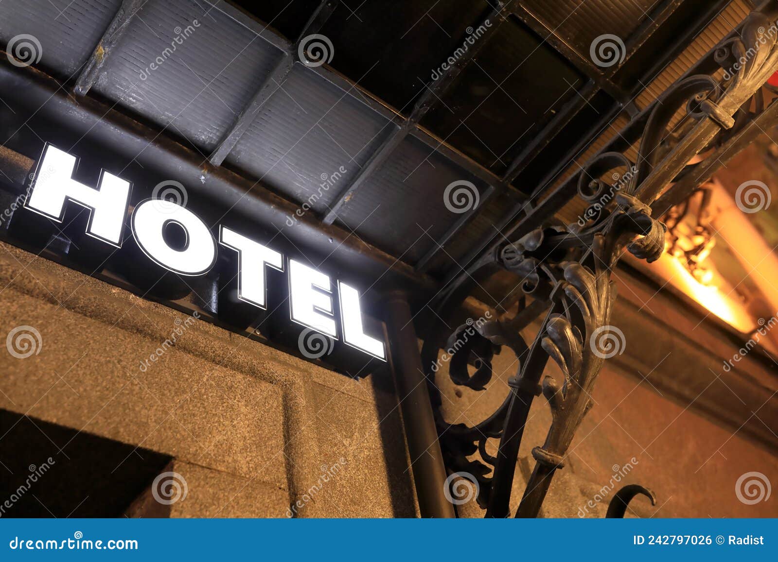 Hotel Signboard on Wall of Building at Night Stock Photo - Image of ...